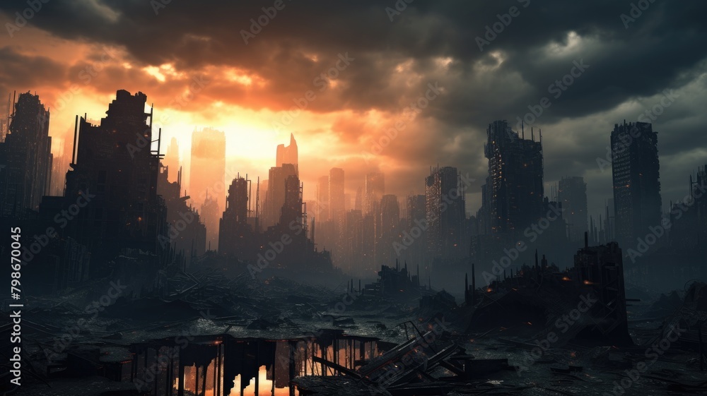 Apocalyptic skyline featuring crumbling buildings under an ominous sky ...