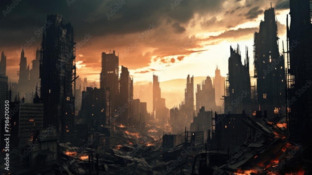 Apocalyptic skyline featuring crumbling buildings under an ominous sky ...