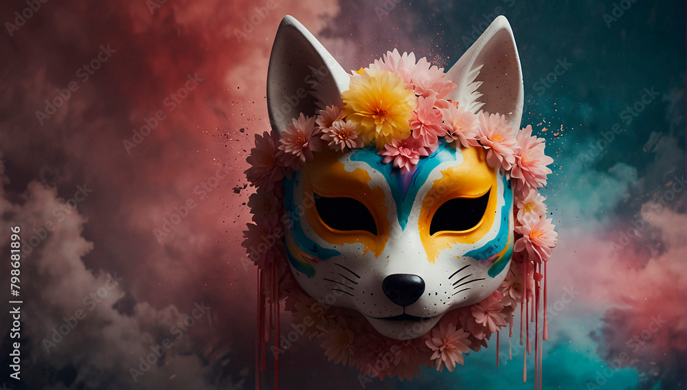 Fox mask, against the background of sakura, multi-colored background ...