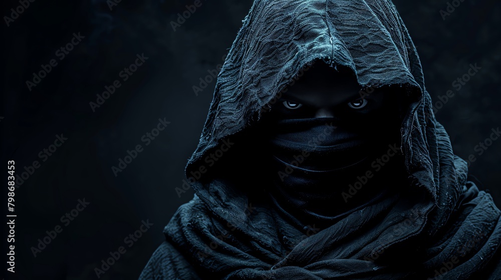 Silhouette of a bank robber clad in a dark hood and mask, blending into ...