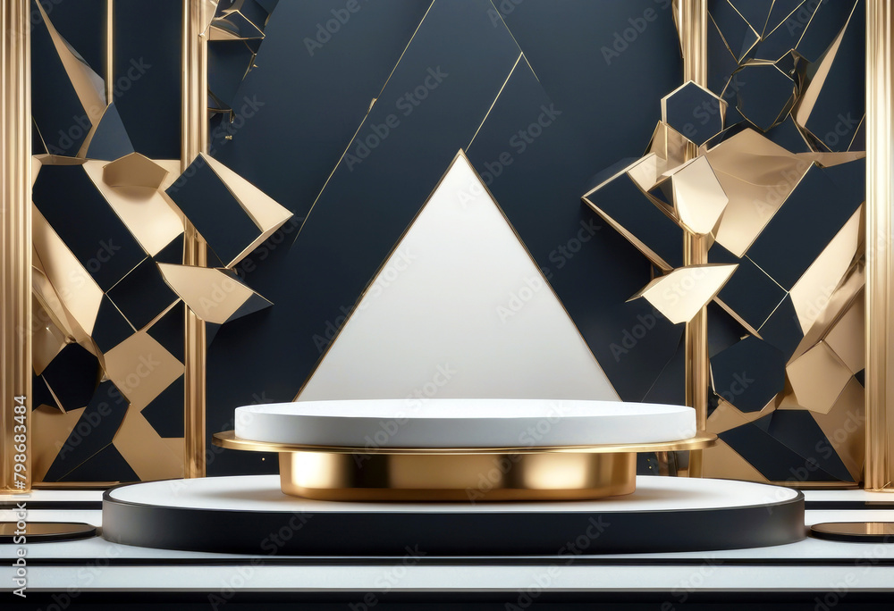 '3D podium pedestal gold copper rim frame Hand geometric shapes Black ...