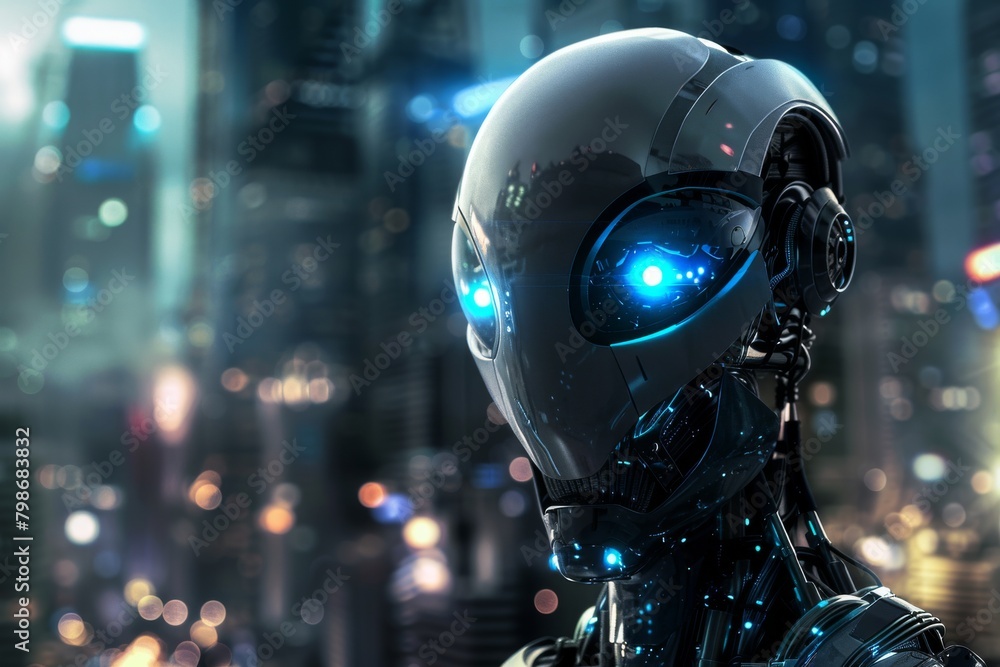 Sophisticated black robot with intense blue eyes emanating from a high ...