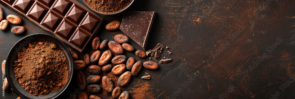 Cacao beans, chocolate bar and cocoa powder on dark background with ...
