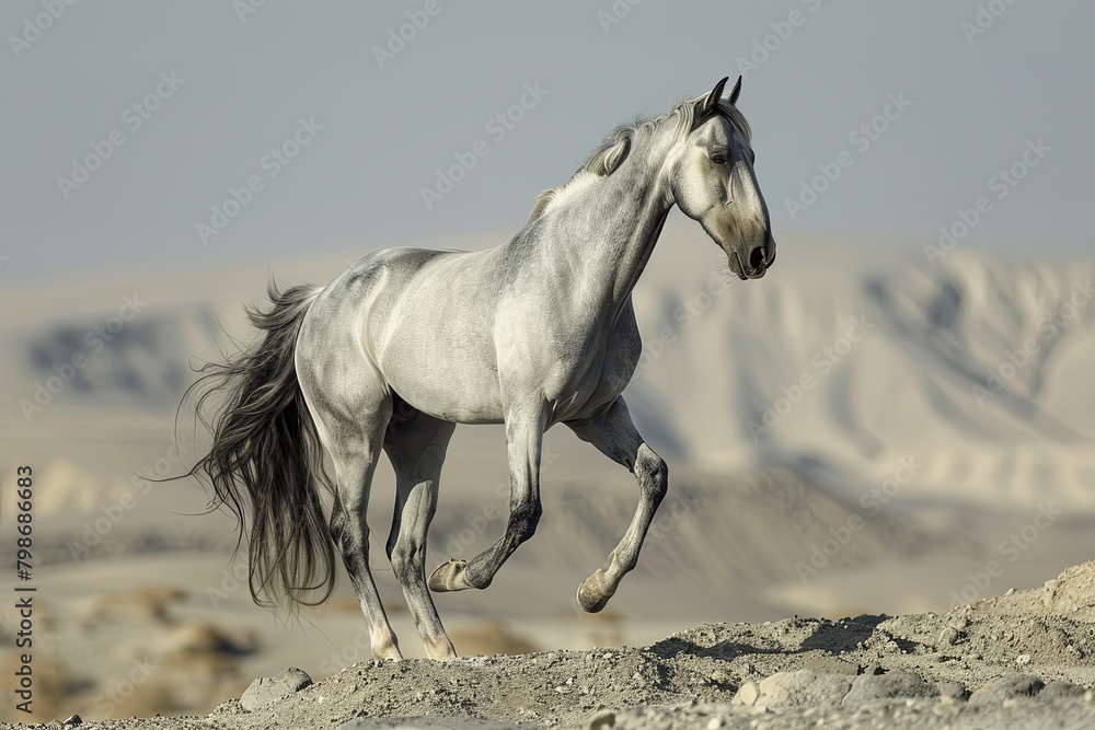 Powerful Grey Horse Rearing in Desert Wilderness: Symbol of Wild ...