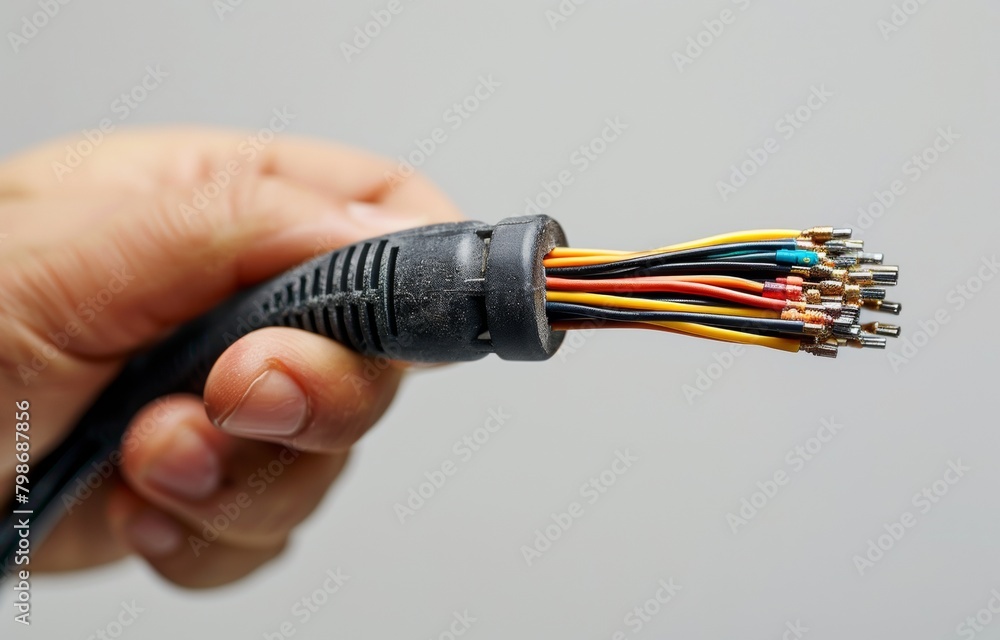 A hand holding the end of an electrical cable against a white ...