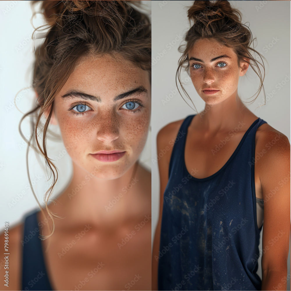 headshot of beautiful female model, light brown hair in messy bun, blue ...