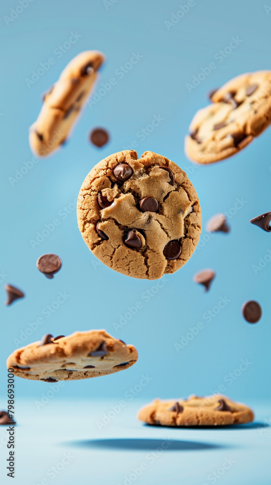 Floating chocolate chip cookies captured in food photography style ...