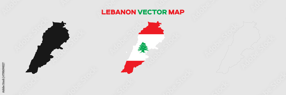Lebanon Map Vector Pack. Map with Flag. Gray Map Silhouette. Gray ...