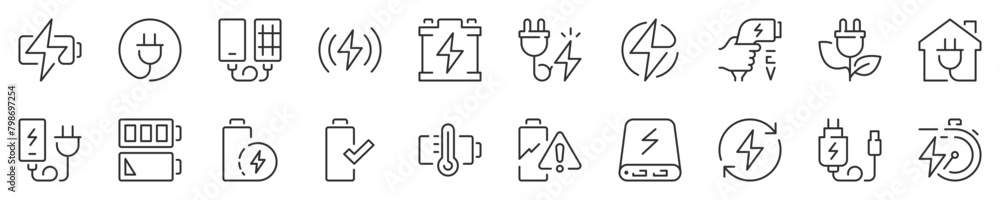Line icons about battery charging. Contains such icons as charger, ev ...