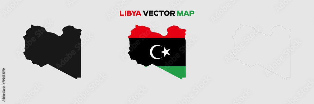 Libya Map Vector Pack. Map with Flag. Gray Map Silhouette. Gray Outline ...