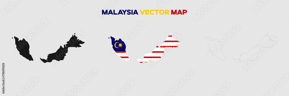 Malaysia Map Vector Pack. Map with Flag. Gray Map Silhouette. Gray ...