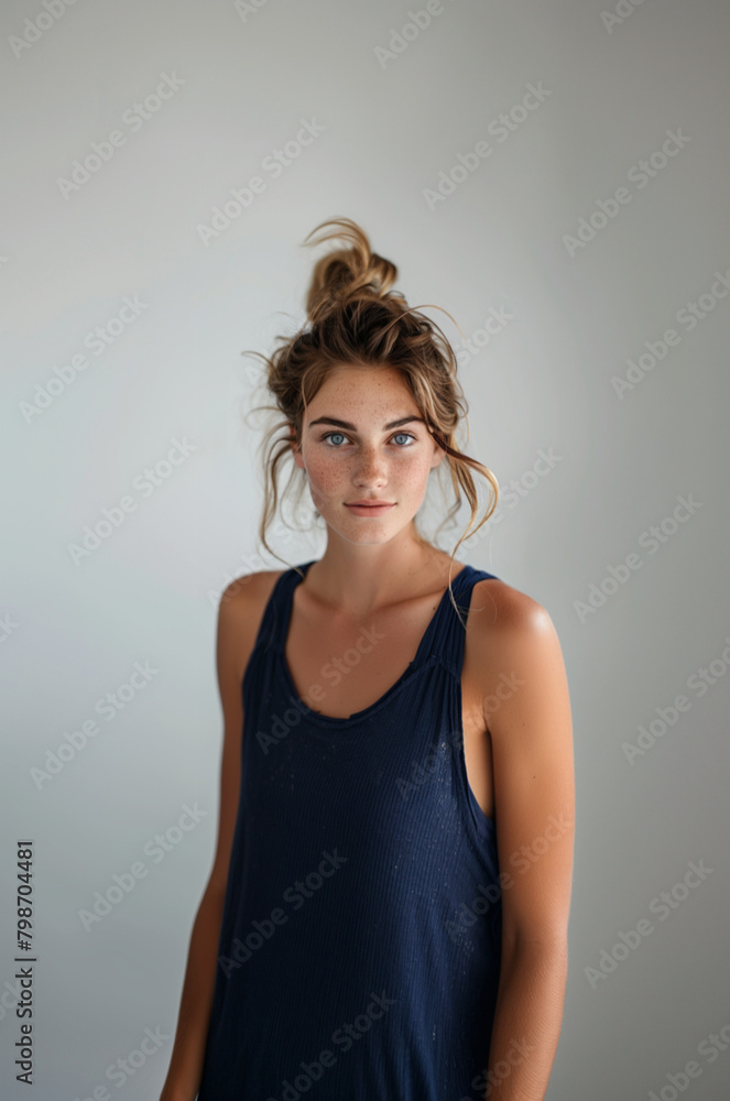 headshot of beautiful female model, light brown hair in messy bun, blue ...