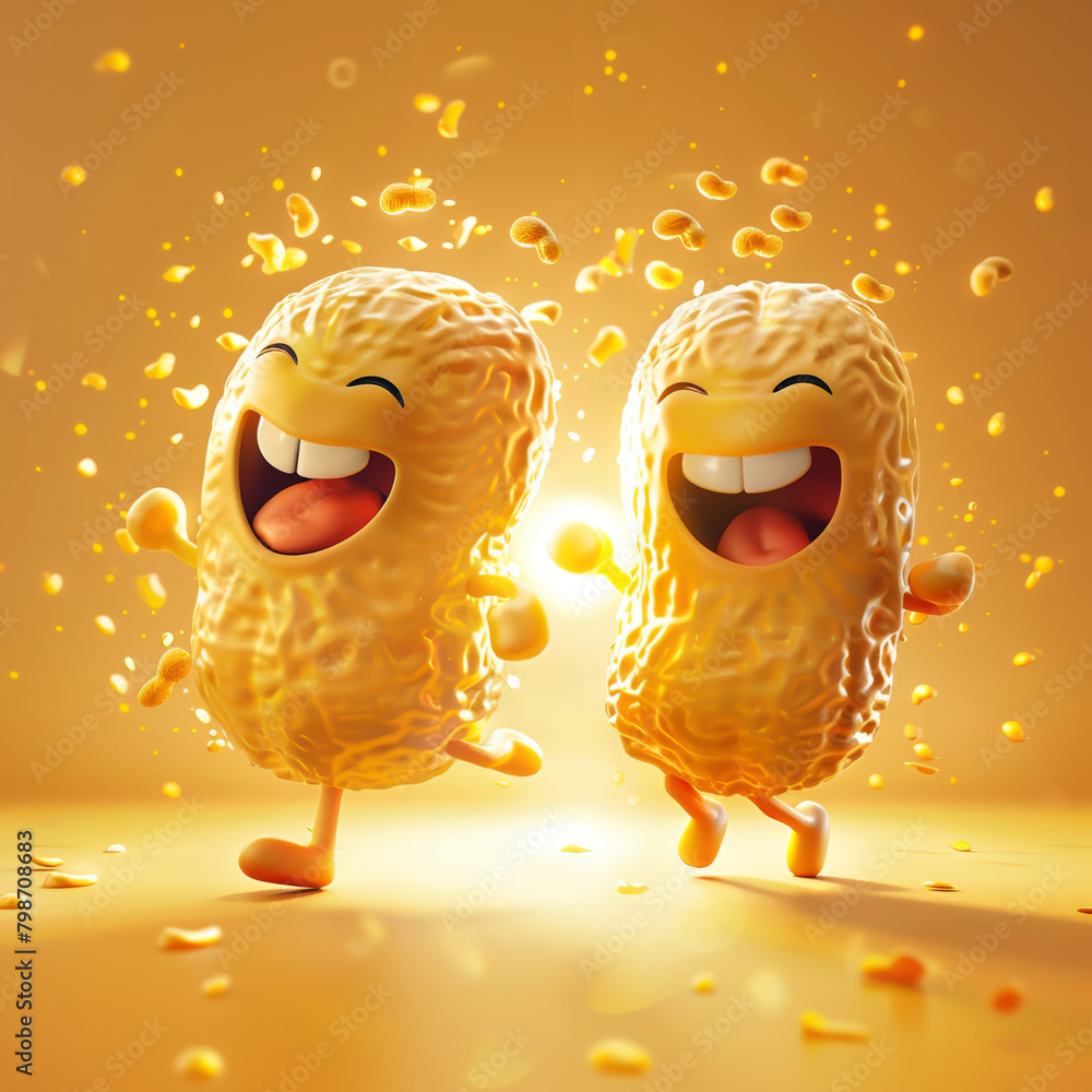 Cute peanut characters dancing happily, vibrant illustration, bright ...
