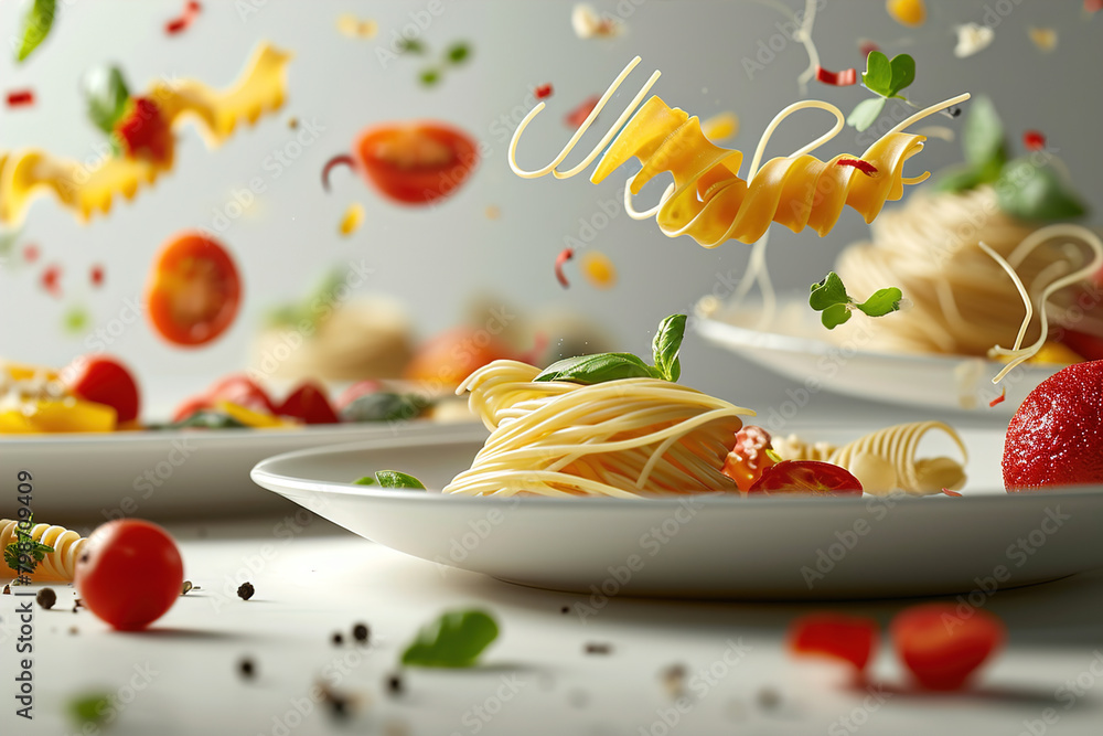 Different types of pasta flying and floating in the air chaotically and ...