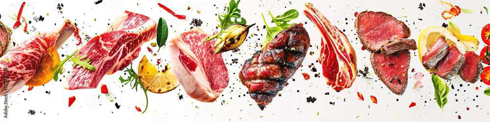 Meat border in horizontal line isolated on white. Different types of ...