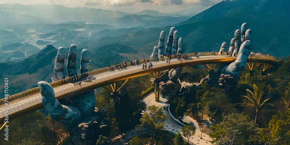Golden Bridge Hand Lifted Aerial View: Vietnam Nature Da Nang Hill ...