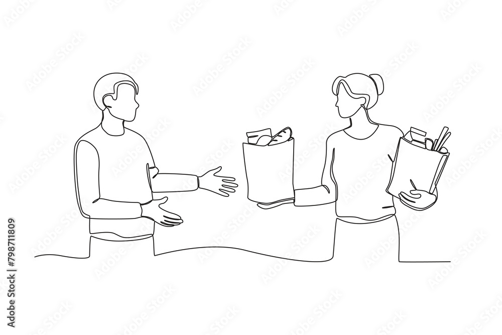 Single continuous line drawing of Neighbors sharing food. Having small ...