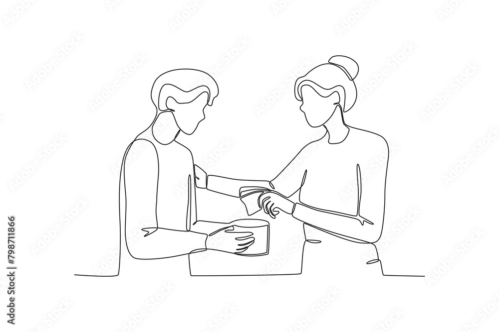 Single continuous line drawing of Neighbors who give alms. Having small ...