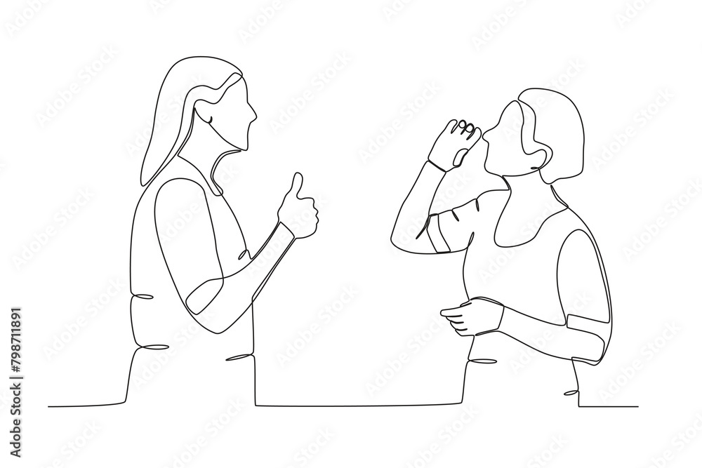 Single continuous line drawing of Neighbors who hear stories using sign ...