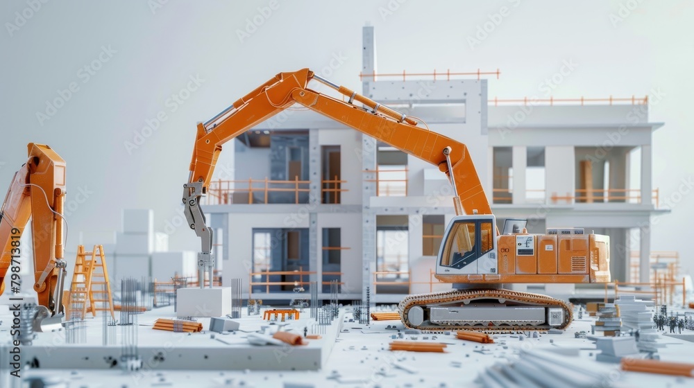 Android robot at a construction site, house building process captured ...