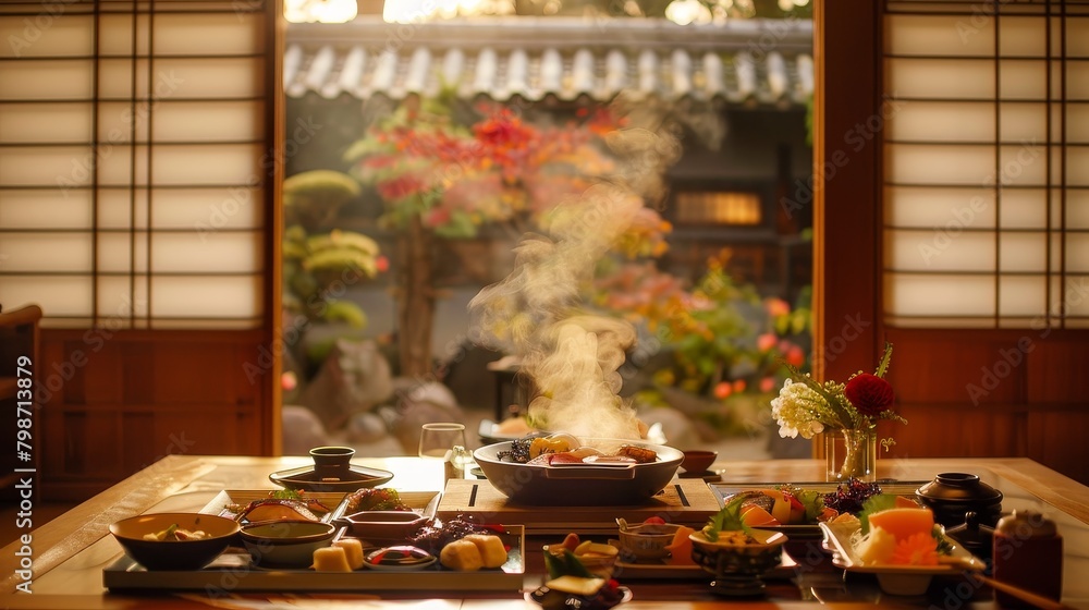 Capture a luxurious Japanese Imperial banquet scene in a traditional ...