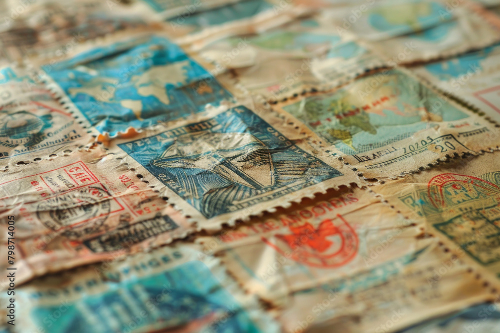 Textured surface of vintage postage stamps, featuring intricate designs ...