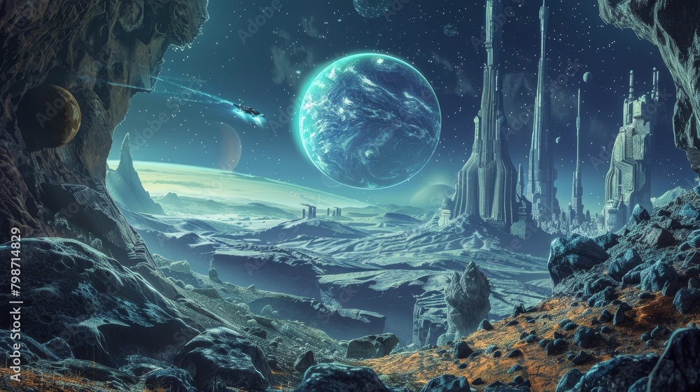 Scifi themed FPS game still, mysterious alien planet backdrop, advanced ...