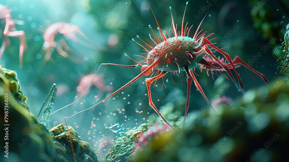 A bacteriophage, with its characteristic head and tail, injecting its ...