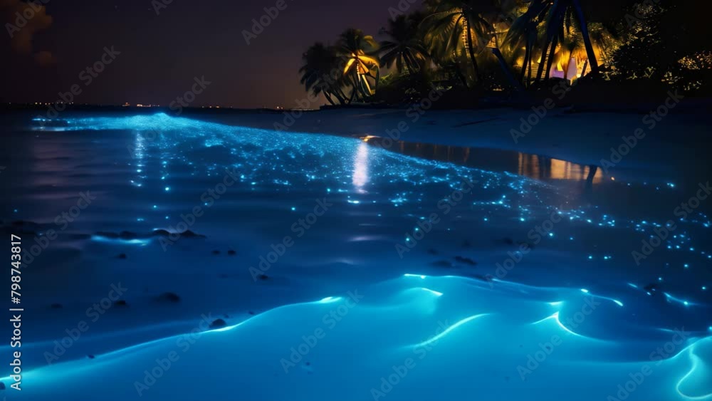 A beach covered in blue lights, giving it a captivating and enchanting ...