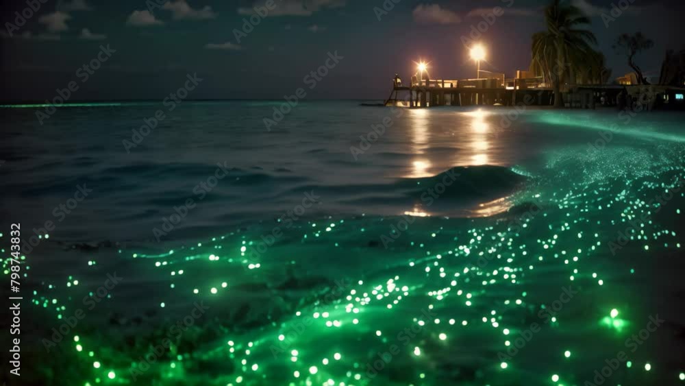 A beach illuminated by lights during the night, creating a captivating ...