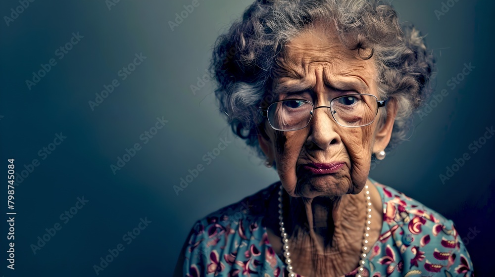 Elderly woman with a puzzled look against a blue backdrop. Portrait ...