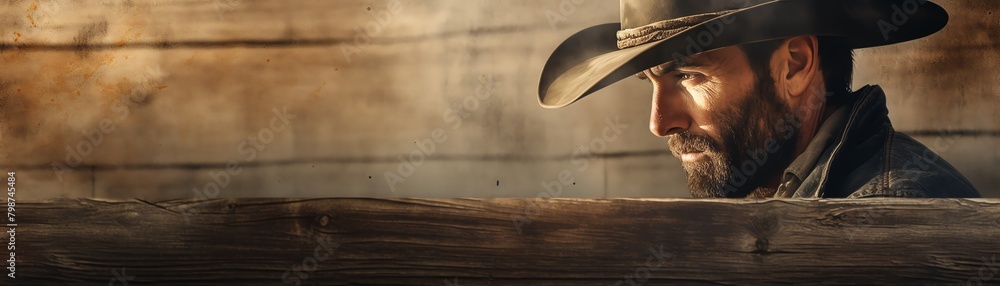 A vintagestyle portrait of a cowboy with a weathered face, wearing a ...