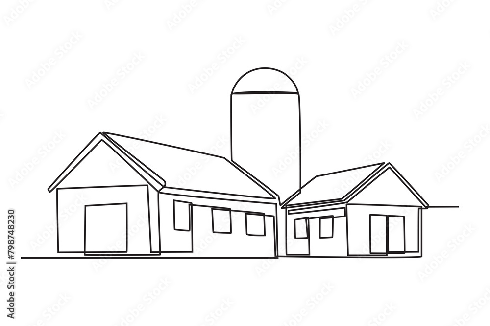 Single continuous line drawing of the Farm shed. Successful farming ...