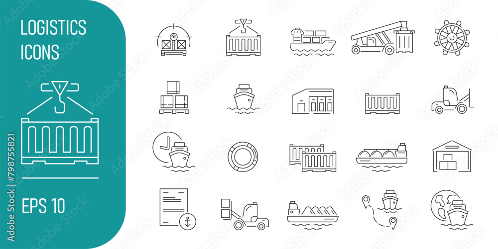 Sea container transportation. A set of logistics web icons, editable ...