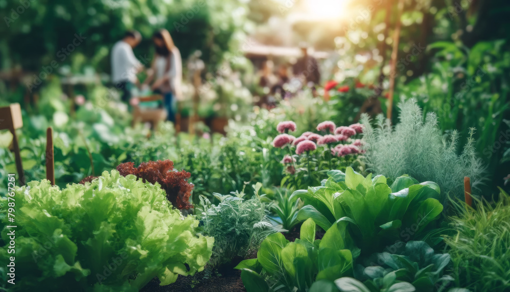 Sustainable garden highlighting flourishing plants, with blurred ...