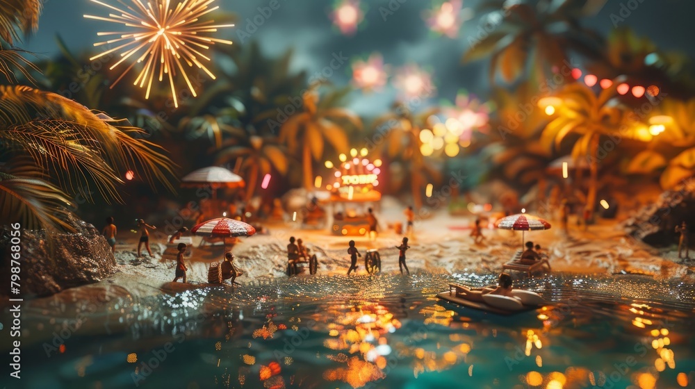 A miniature beach scene with people swimming, sunbathing, and playing ...