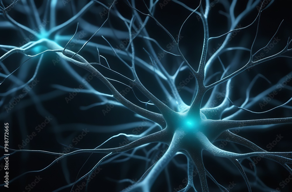 Illustration of blue impulses of nerve cells of the brain on a dark ...