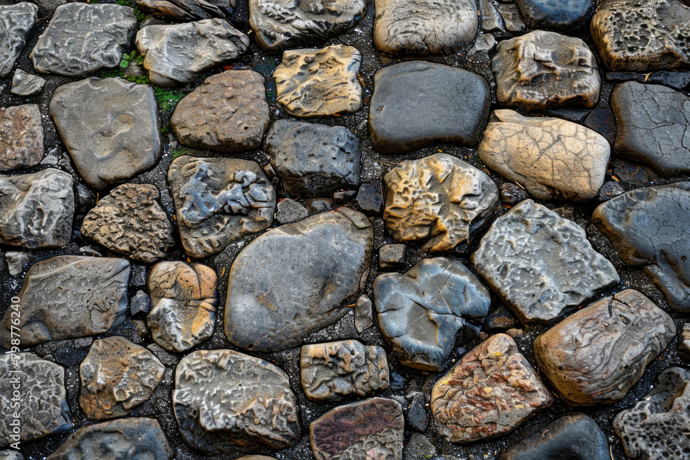 Textured surface of cobbled stones, showcasing their irregular shapes ...