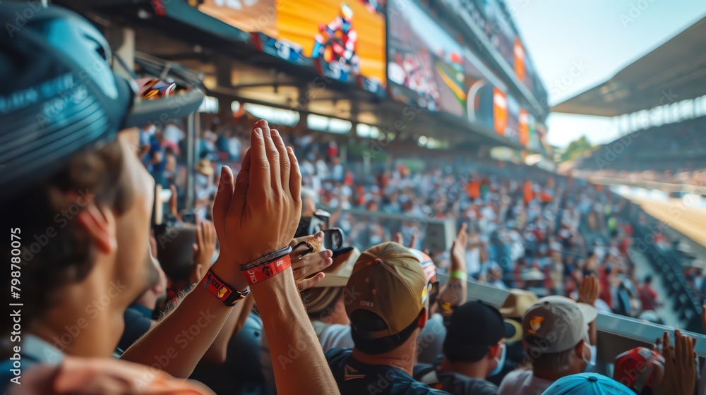 Wide-angle shot of an enthusiastic audience at a race track, clapping ...