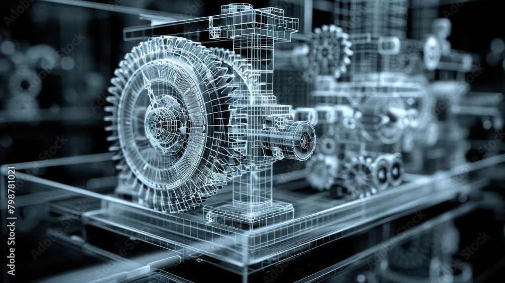 A wireframe model of a clock with gears visible and moving in real time ...