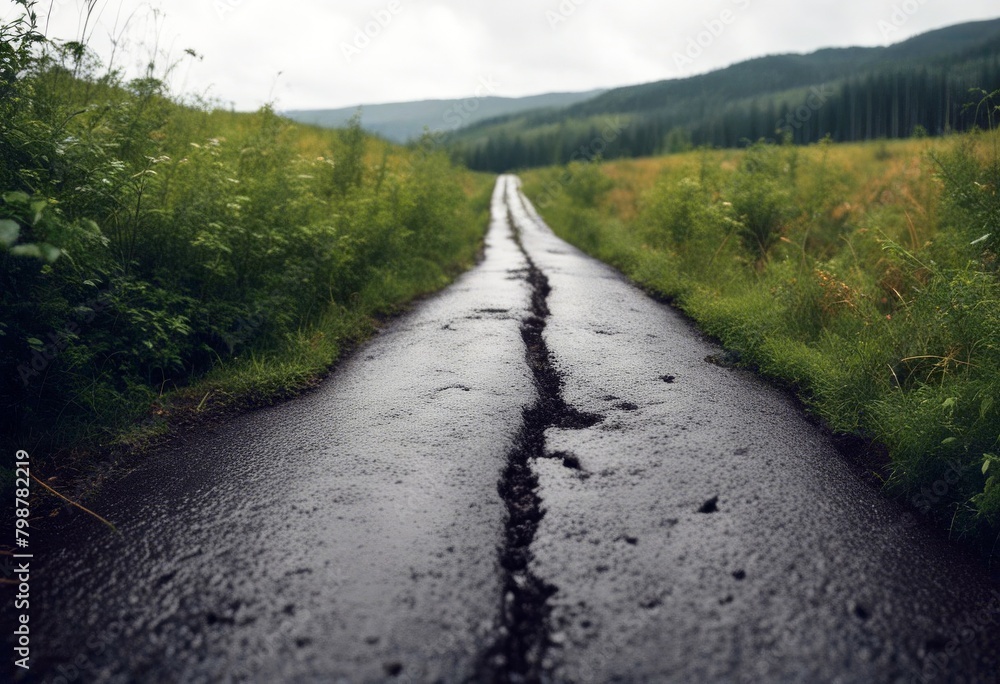 'damage big road heavy asphalt cause hillside sliding rain earth ...