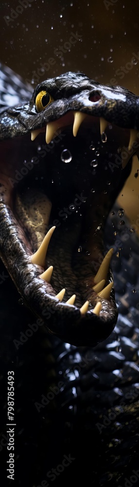Macro shot of a snake s fangs, venom dripping, set in a controlled ...