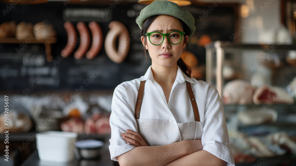 a 40's smart Asian female butcher standing in her butchery ,her face ...