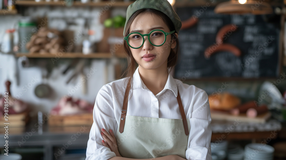a 40's smart Asian female butcher standing in her butchery ,her face ...