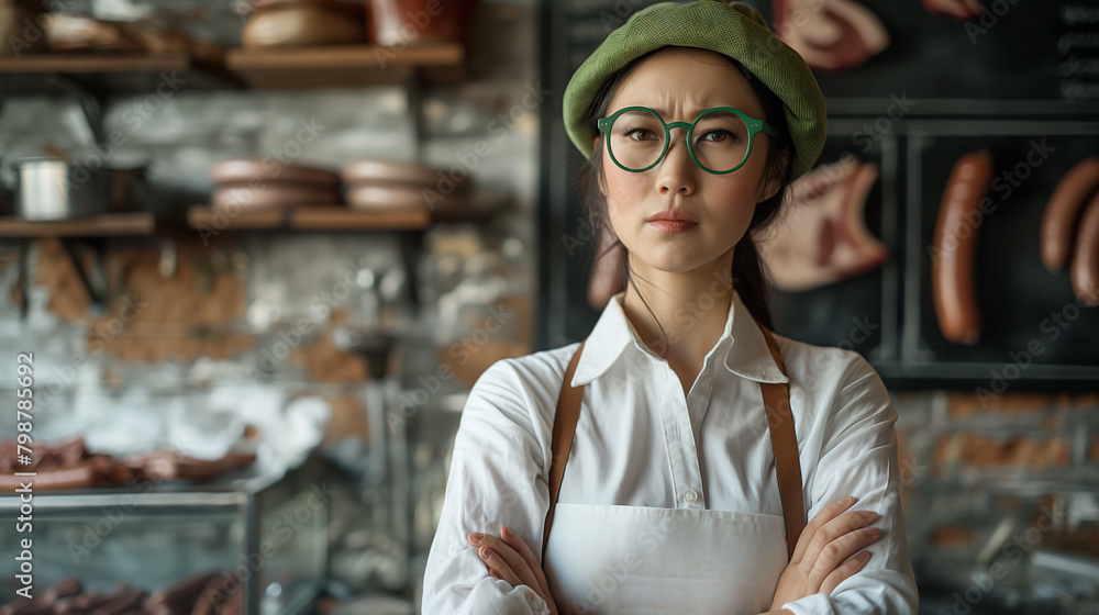 a 40's smart Asian female butcher standing in her butchery ,her face ...