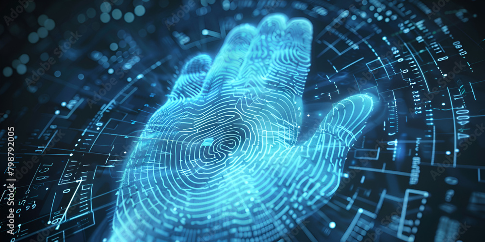 Futuristic blue digital handprint on a dark background symbolizing ...