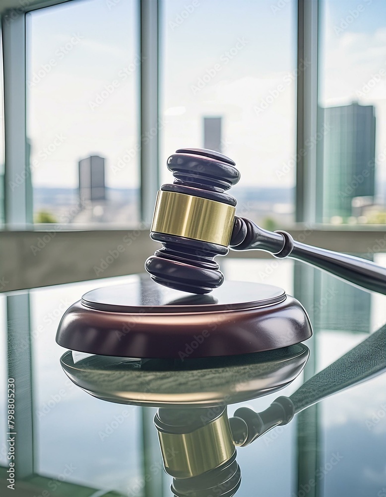 a sleek, modern gavel made of brushed steel, positioned on a glass-top ...