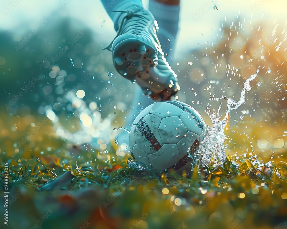 Athlete's foot hitting a soccer ball, close-up on the technique and ...