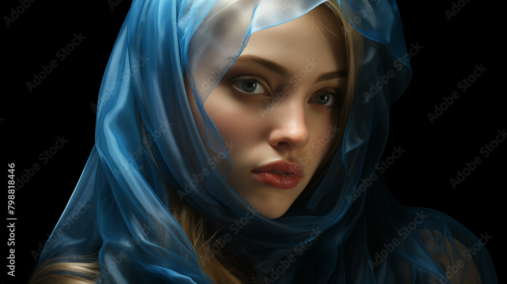 Portrait of the beautiful Mary, mother of Jesus in a blue veil on a ...