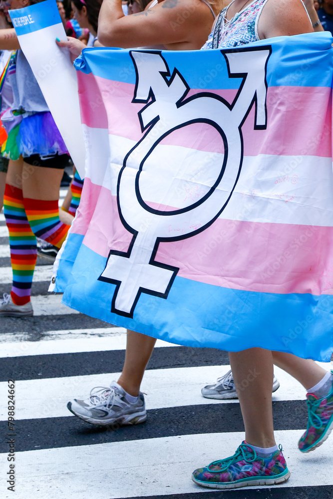 New York City, NY USA Pride March Symbols on a marchers flag. 스톡 사진 ...